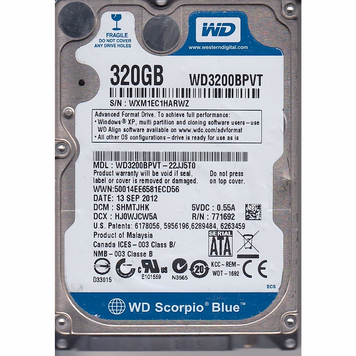 WD3200BPVT-22JJ5T0, DCM SHMTJHK, Western Digital 320GB SATA 2.5 Hard Drive