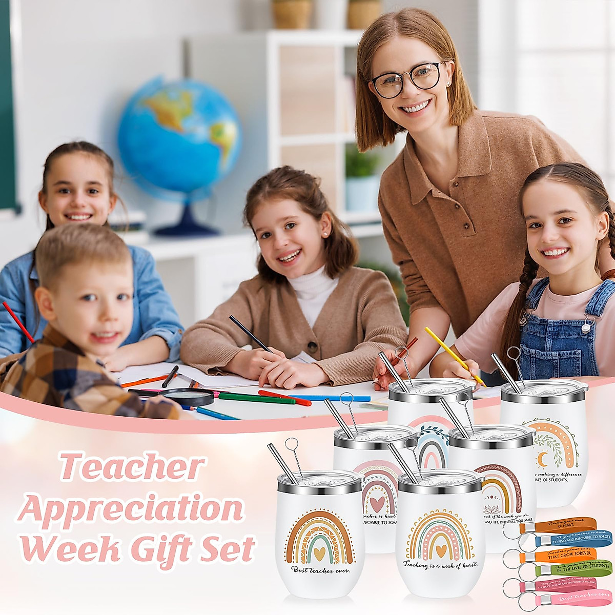 Rtteri 6 Set Teacher Appreciation Gifts Bulk 12 oz Rainbow Tumbler with Lid Straw Brush Keychains Makeup Bags Thank You Teacher Gift Back to School Appreciation Gift Set for Birthday Graduation Women