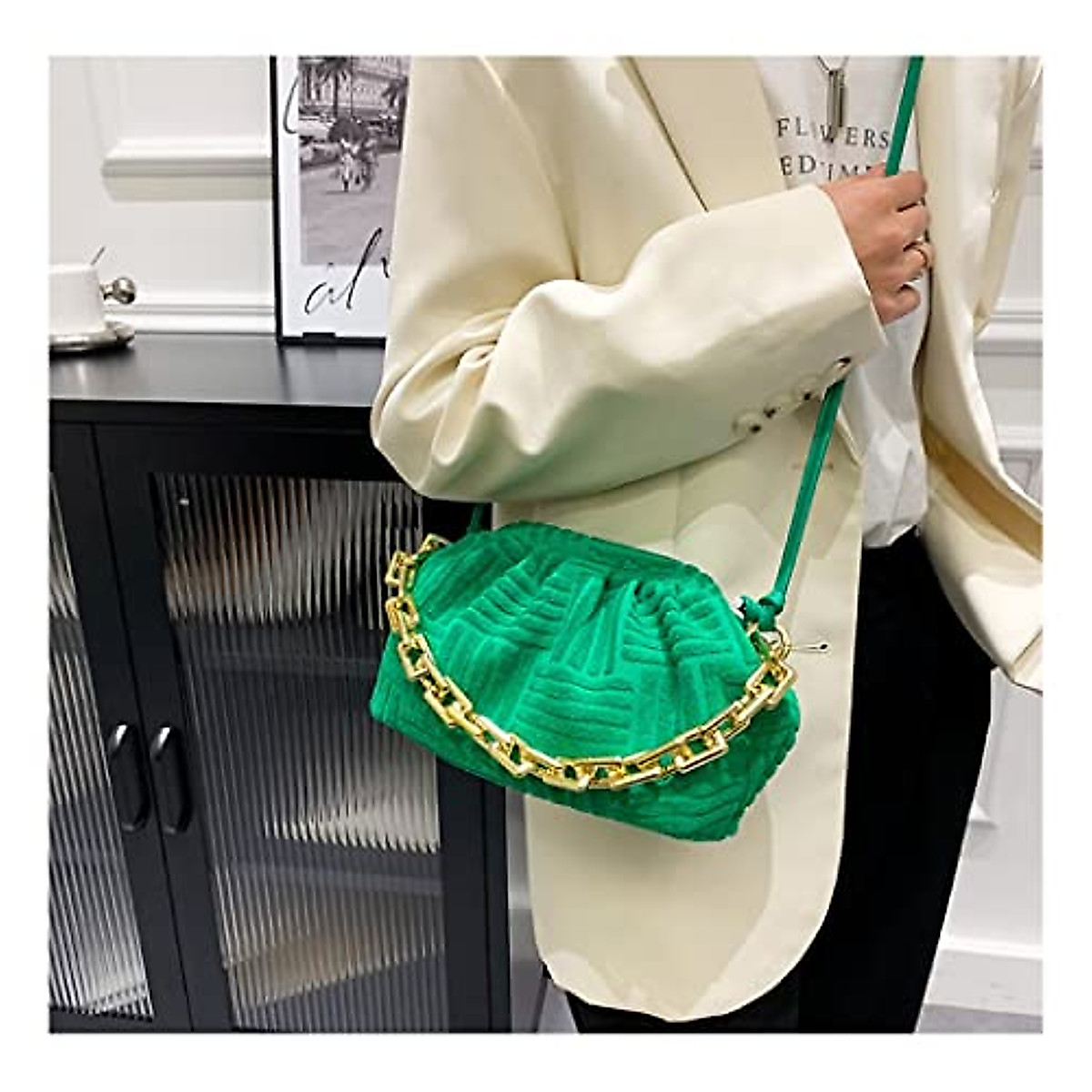 Soft Cotton Shoulder Bag for Women Metal Chain Clutch Hobo Evening Handbags Cross Body Color Green
