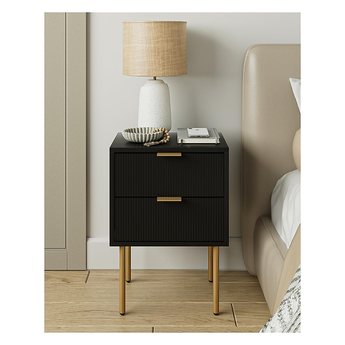 AEPOALUA Nightstand,Small Bedside Table with Gold Frame,White Night Stand,Bedside Furniture,Side Table with Drawer and Shelf for Bedroom,Living Room (Mid-Century-Stripe, Black.)