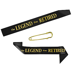 JPACO The Legend Has Retired Sash – Elegant Black and Gold Foil Legendary Sash for Both Women and Men & a Large Gold Safety Pin. Perfect for Retirement Parties