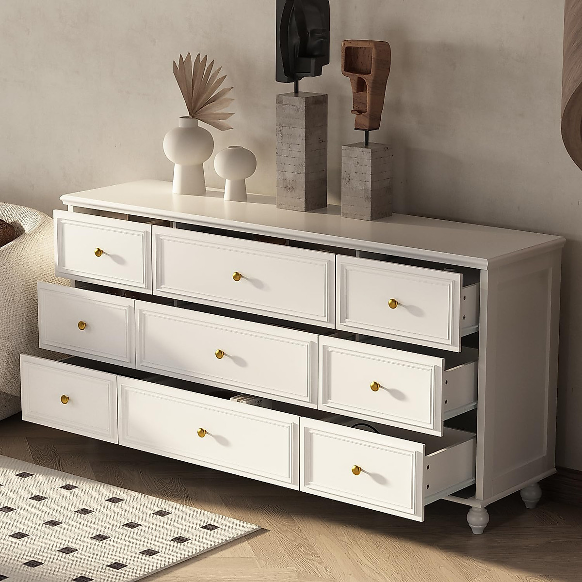 Hitow 9 Drawer Dresser for Bedroom, Modern Drawer with Wide Drawers and Wood Legs, Floor Storage Organizer Chest of Drawers for Living Room, White (15.7" D x 63" W x 31.5" H)