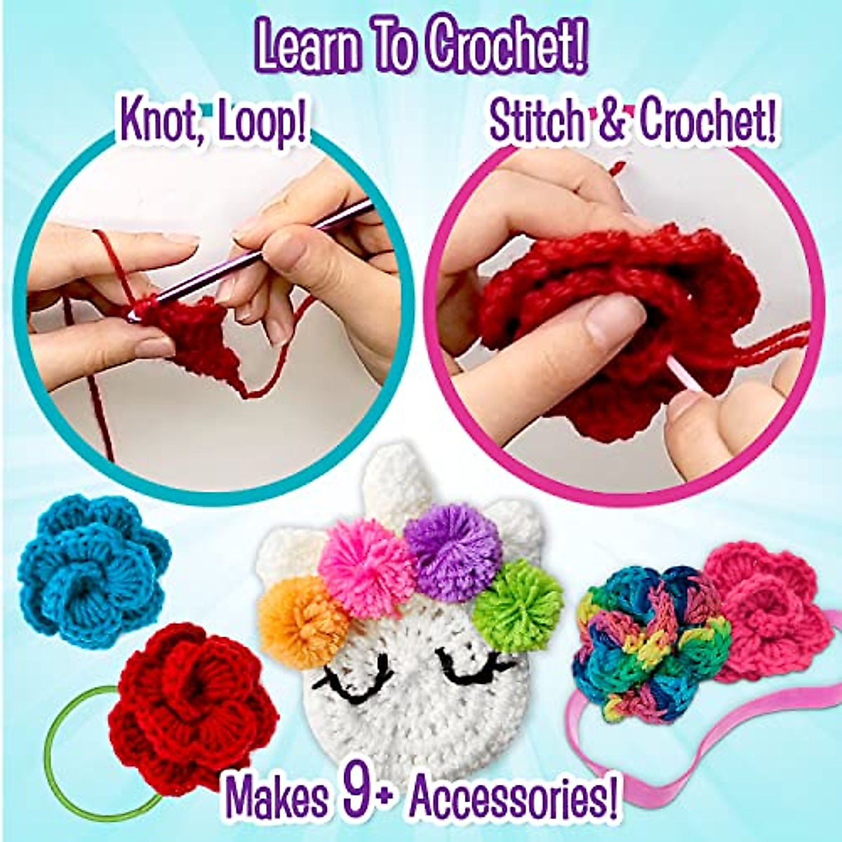 DIY All in One Crochet Knitting Kit for Beginners Starter Arts & Craft Set for Kids Teens Tweens & Adults – How to Learn Make Your Own Yarn Pom Poms – Birthday Gift for Kids Ages 8+