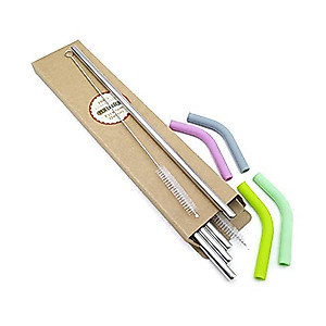 Big Drinking Straws Reusable 13" Extra Long 8mm Extra Wide Food-Grade 18/8 Stainless Steel Silicone Elbows Tips for Smoothie Milkshake Cocktail Juice Hot Drinks - Set of 4 + 2 Cleaning Brushes