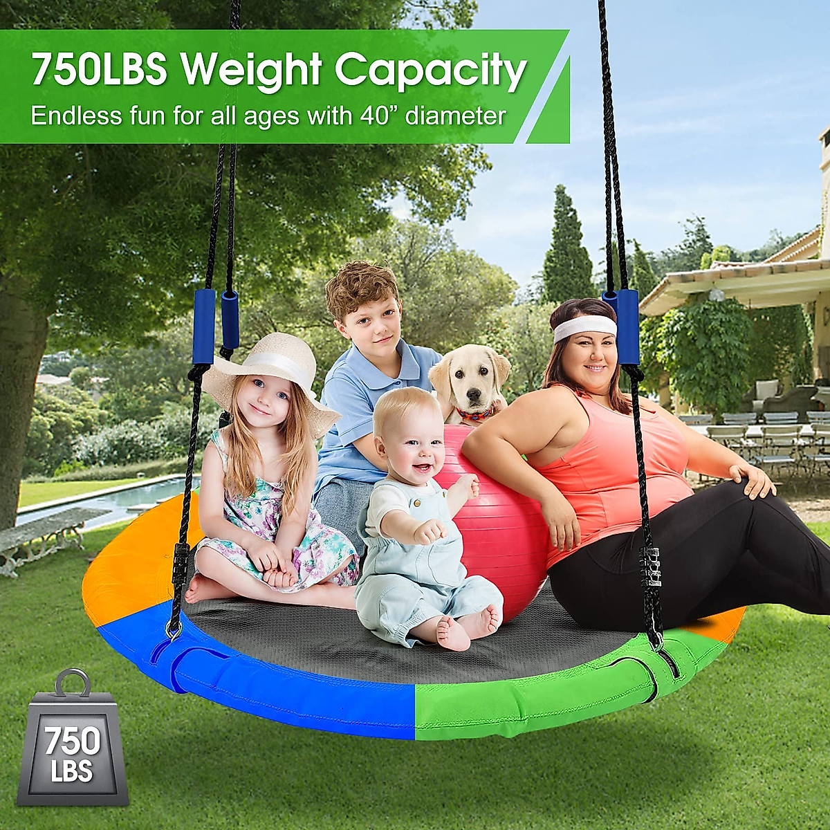 DEROFIT 40 Inch Flying Saucer Tree Swing for Kids,750lb Round Indoor Outdoor Swing Set with Foam Handle,Circle Swing with Steel Frame Adjustable Rope,Easy to Install 750lb Weight Capacity