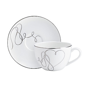 Mikasa Love Story Platinum Banded Teacup and Saucer Set, Set of 4, 9.6-Ounce, White
