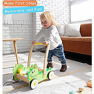 Pidoko Kids Wooden Baby Walker - Toys for 1 Year Old Boy Girl - Push Walker Toy for Babies - Includes Dinosaur Cart, 36 Pcs Building Blocks, Stacking Cups and Book - Learning Walker for Toddlers Gifts