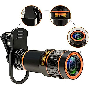 Fgzefort Phone Camera Lenses 4 in 1 Cell Phone Lens Kit 12X Telephoto Lens, 0.63X Wide Angle Lens & 15x Macro Lens, 198°Fisheye Lens, Eye Cup, Clip, Compatible with iPhone, Samsung Android Phone