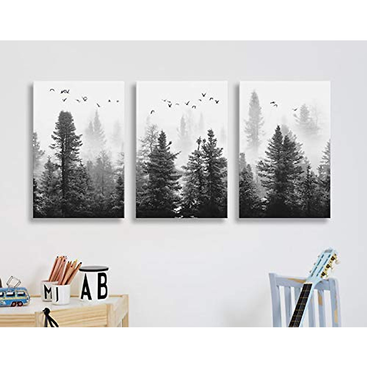 Large Canvas Wall art Forest Picture Living room Decoration Black and White art Landscape Wall art Gable Decoration Morning fog Mountain Art Fog Forest Bird 40cmX60cm X3 Panel Modern Home Decoration