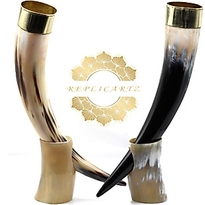 Natural FInish Authentic Handcrafted Viking Drinking Horn - 12" Natural - Best for Beer, Mead, Ale… (Brass Rim Polished)