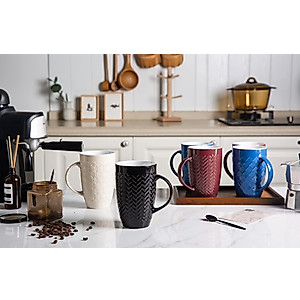 AmorArc Large Coffee Mugs Set of 6, 22oz Ceramic Tall Coffee Mugs Set with Textured Geometric Patterns for Latte/Tea/Beer/Hot Cocoa, Dishwasher & Microwave Safe, Black