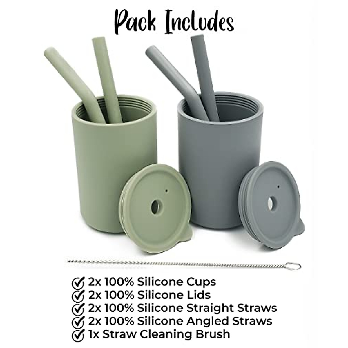 Cascade Kids Silicone Kids Cups with Straws and Lids, (2 Pack),100% Food Grade Silicone,Non Plastic, BPA-Free, Unbreakable, Smell Proof, for Kids and Toddlers 6+ Months, 6oz, (Sage Green, Stone Grey)