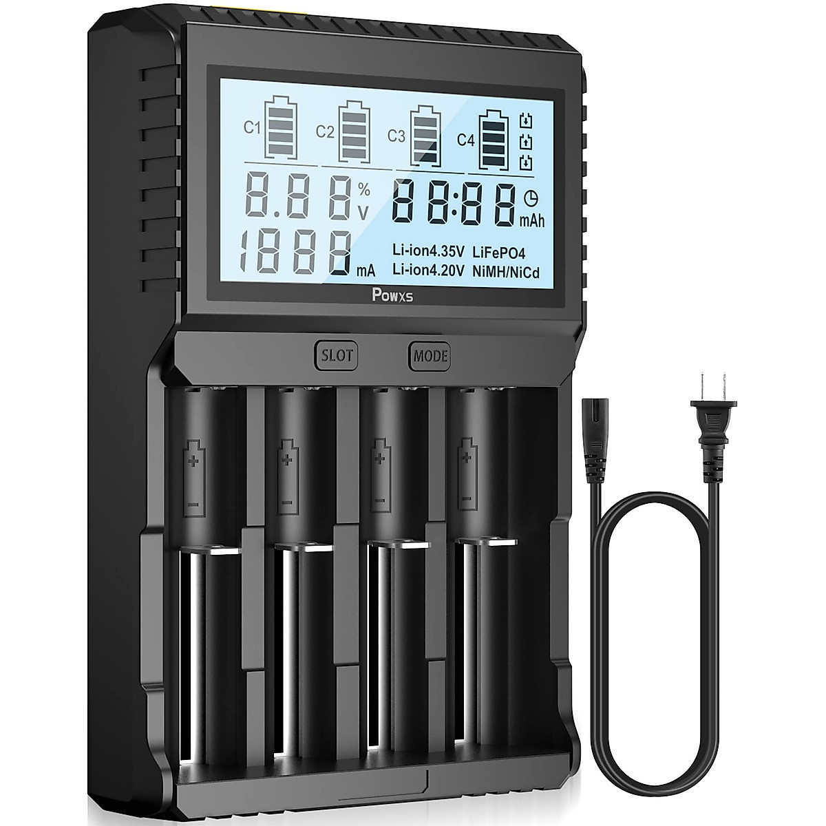 18650 Battery Charger with Testing Functions, POWXS Universal 3.7V Charger for Li-Ion Rechargeable Batteries IMR Lithium 26650 21700 18650 16340 14500 10440, Ni-Mh/Ni-Cd AA AAA C Batteries