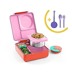 OmieBox Bento Box for Kids Insulated Bento Lunch Box with Leak Proof Thermos Food Jar, 3 Compartments + Purple Utensil Set with Case