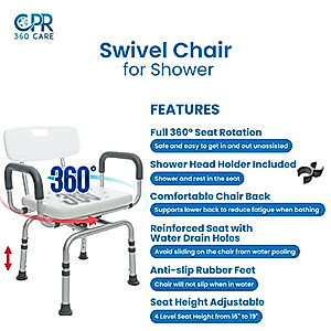 CPR Care Swivel Shower Chair for Inside Shower. 360 Degree Adjustable Height Lightweight Rotating Chair with Arms and Back for Elderly, Seniors, Handicap, Disabled Adults
