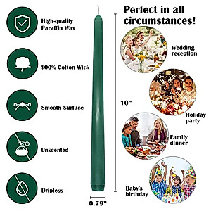 NIKY 10 inch Green Taper Candles for Christmas Spring, Set of 12 Unscented Dripless Candlesticks - 8 Hours Long Burning for Home Decor, Wedding, Parties and Special Occasions