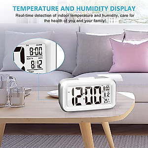 KAIJIELY Upgraded Digital Alarm Clock, 4.3" LED Display with Temperature Larger Lound Light Control Portable Snooze Calendar Brightness with Battery Powered Alarm Clocks Bedside for Everyone (White)
