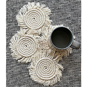 Hygge & Cwtch Handcrafted Macrame Coasters Set of 4 - Handmade Cotton Rope Woven Macrame Coaster with Tassel | Boho Home Decor Mugs and Cups Pads for Drinks, Wine Glass Table Countertop Office