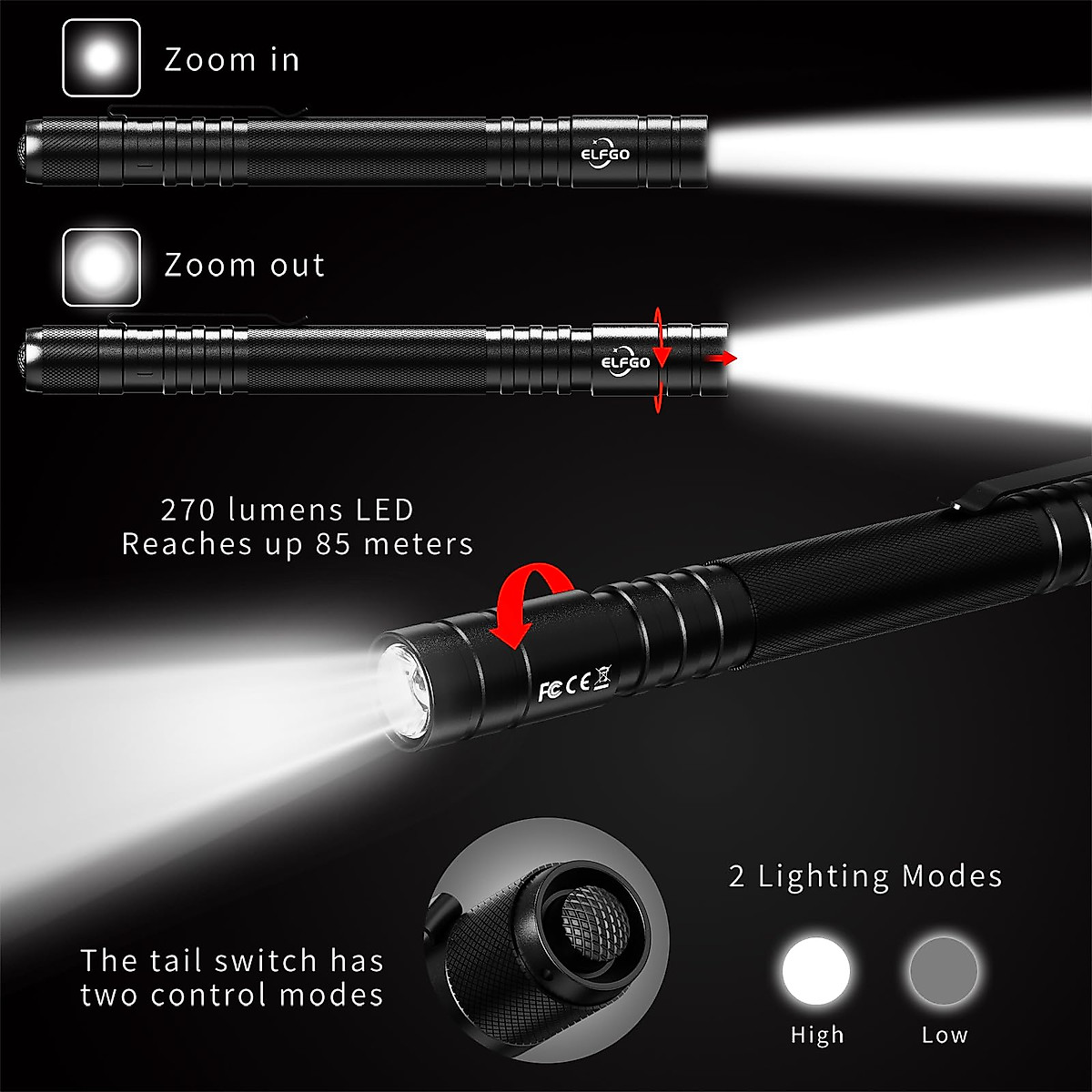 ELFGO LED Pen Light, Zoomable Penlight Flashlight, 270 Lumens Pocket Size Clip Flashlight Small Mini Handheld Slim Flashlight for Nurse, Medical, Inspection, Repair, Engineer, Doctor