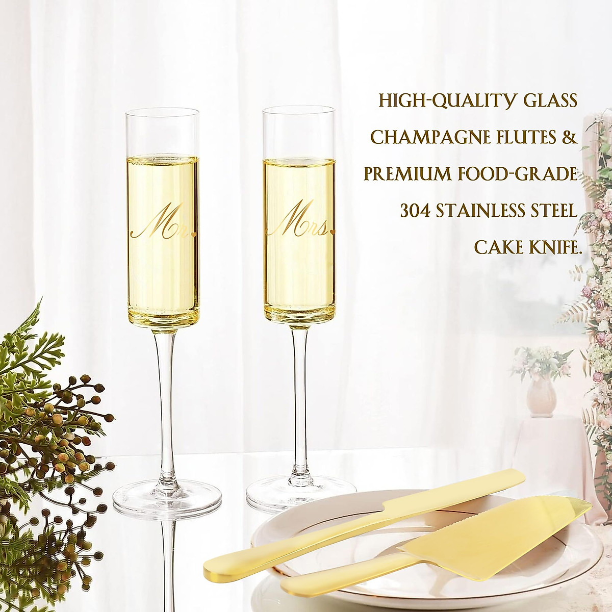 JUSTOTRY Wedding Cake Cutting Knife And Server Set Engraved Gold Mr And Mrs Champagne Flutes Glasses Bride And Groom Champagne Toast For Bridal Shower Engagement Gifts