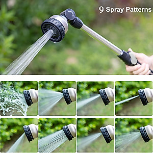 FANHAO Metal Garden Hose Wand, 16-Inch Heavy Duty Watering Wand with 9 Spray Patterns, 180° Rotating Long Garden Hose Nozzle with Thumb Flow Control, Ideal to Water Hanging Baskets and Shrubs