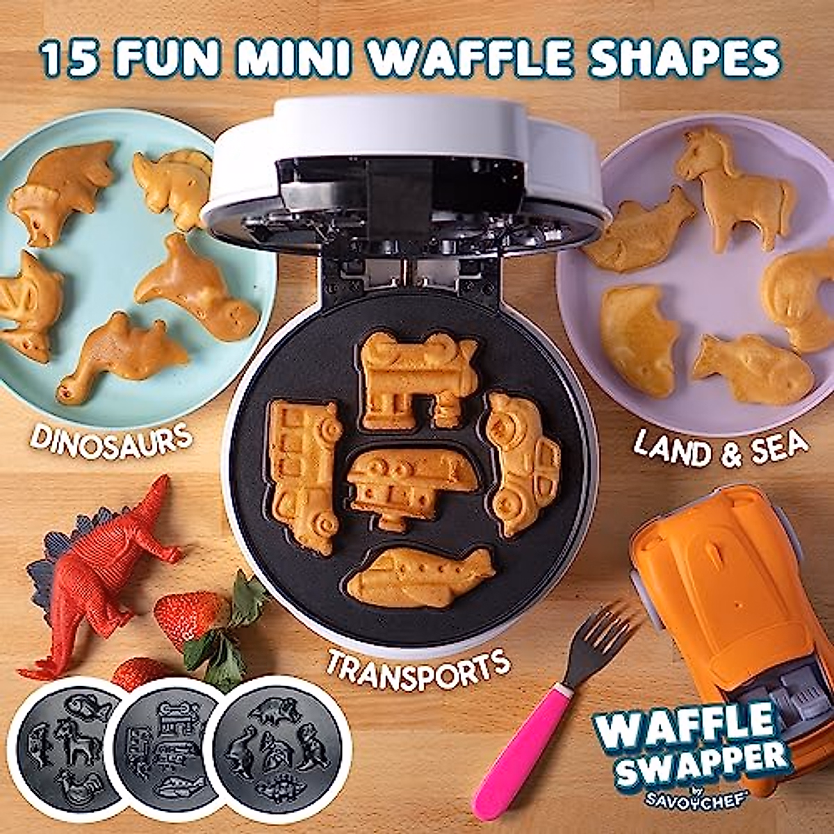 15 Mini Waffle Maker with Detachable Sets - Pancake Maker for Kids - Set Includes 5 Cars, 5 Animals, and 5 Dinosaurs - Non-stick Easy to Clean
