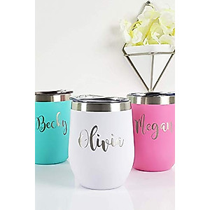 Personalized Monogram Wine Tumbler with Lid - Customized Stainless Steel Stemless Wine Glass