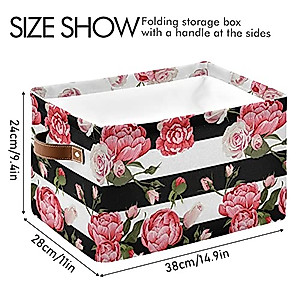 Oyihfvs Floral Peony and Roses Flowers On Black White Stripes Square Shelves Storage Basket Bin, Waterproof Laundry Hamper Bucket, Baby Nursery Organizer with Handles for Toys Clothes Room Closets