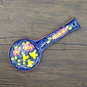 Handmade Hand Painted Portuguese Pottery Ceramic Spoon Rest (Floral), 11'' x 4.75'' x 0.5'' inches