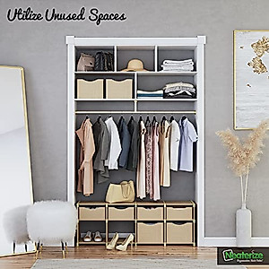Closet Organizer and Storage Unit. Includes 8 Fabric Storage Bins. DIY Organizer Shelf For Clothes, Toys, Underhanging Closet Storage. Used in Closet, Hallway and Bedroom. (Beige)