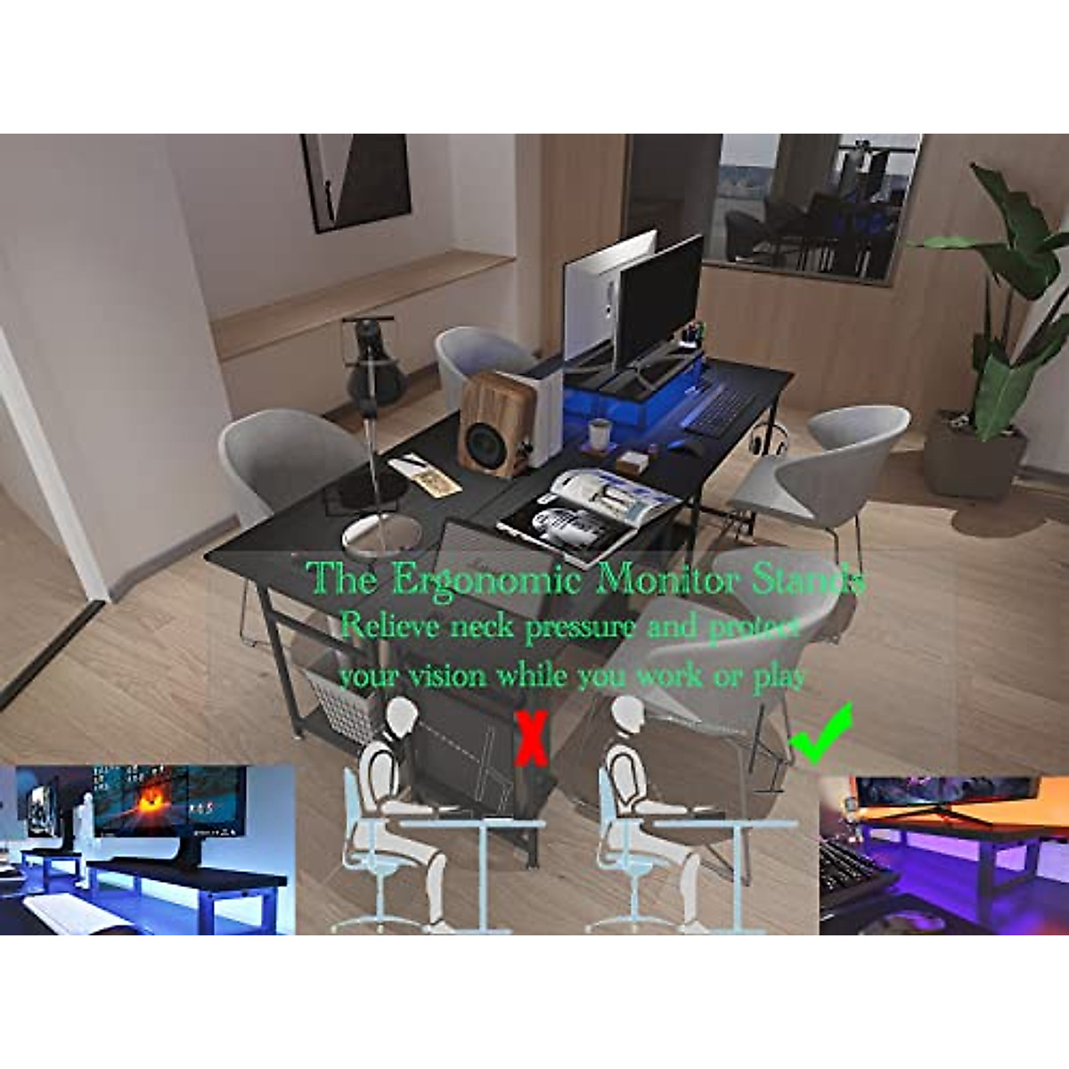 DLIUZ l Shaped Computer Desk with Monitor Stand and Power Outlets,Gaming Desk with Storage Shelf and LED Lights,Home Office Reversible Corner Modern Desk or 2 Person Long Table with Hooks (Black)