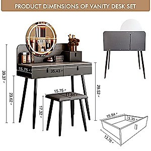 DOLILO 35" Makeup Vanity Desk with Mirror and Lights and Table Set with Vanity Stool 3 Sliding Drawers 3 Modes Brightness Adjustable, (Iron Grey)