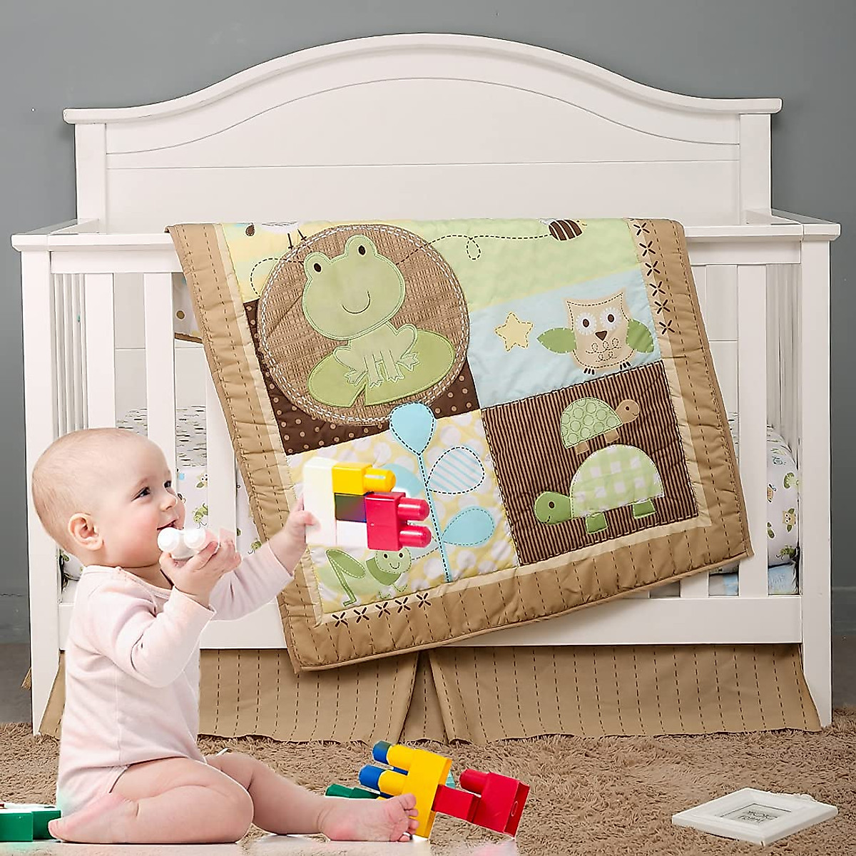 Brandream Crib Bedding Set for Baby Boy Girl Nursery Set 3-Piece with Polka Dot | Crib Comforter, Fitted Crib Sheet, Crib Skirt Included World of Caterpillar Frog Friends Theme