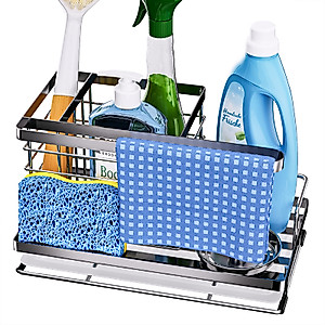SWTYMIKI Kitchen Sink Caddy Organizer with Dishcloth Holder, Rustproof Stainless Steel Sponge Holder with Removable Drain Tray, Sink Rack Holds Sponge, Dishcloth and Brush in Silver