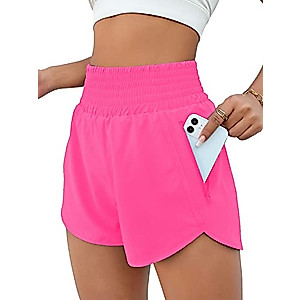 BMJL Women's Athletic Shorts High Waisted Running Shorts Pocket Sporty Shorts Gym Elastic Workout Shorts(L,Hot Pink)