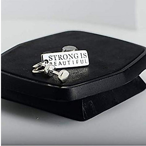 Sterling Silver Necklace "Strong Is Beautiful" Engraved Dumbbell Barbell Gym Buff Pendant Necklace 18"