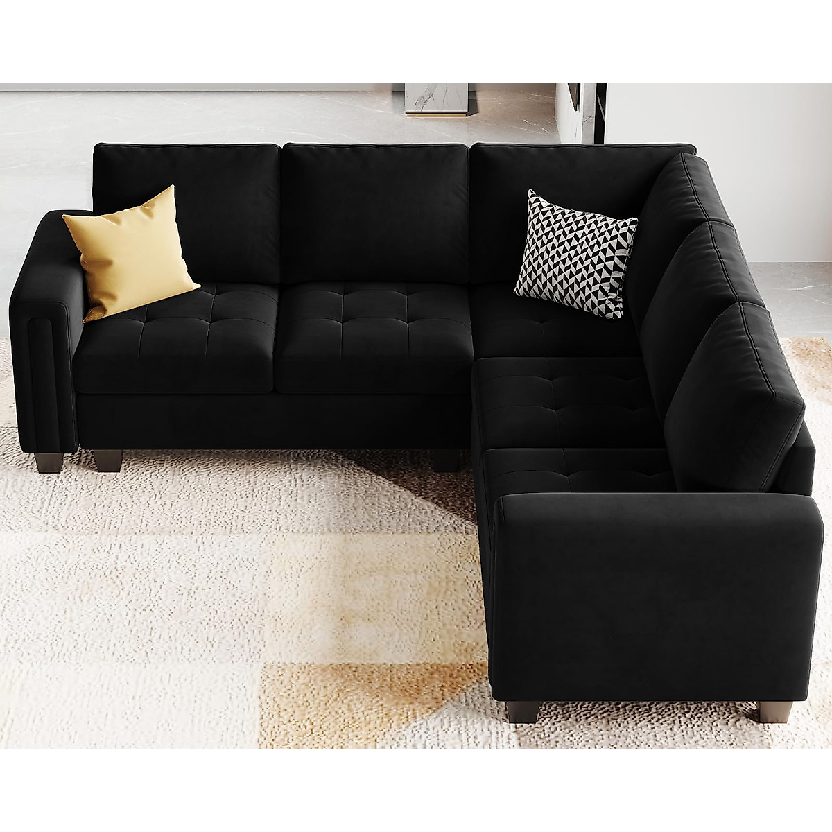 Belffin Velvet Modular Sectional Sofa Convertible Sectional Sofa Couch with Reversible Chaise L Shaped 4 Seater Corner Sofa Couch Black