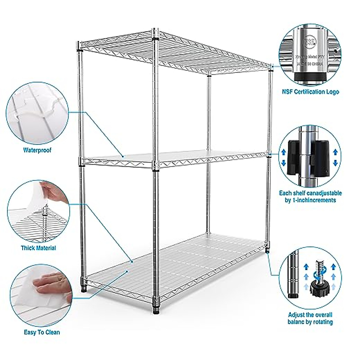 3 Tier NSF Wire Shelf Shelving Unit, 18 x 48 x 48 Inch 1050lbs Capacity Heavy Duty Adjustable Storage Metal Rack with Leveling Feet & Shelf Liners, Ideal for Garage, Kitchen, Office and More - Chrome