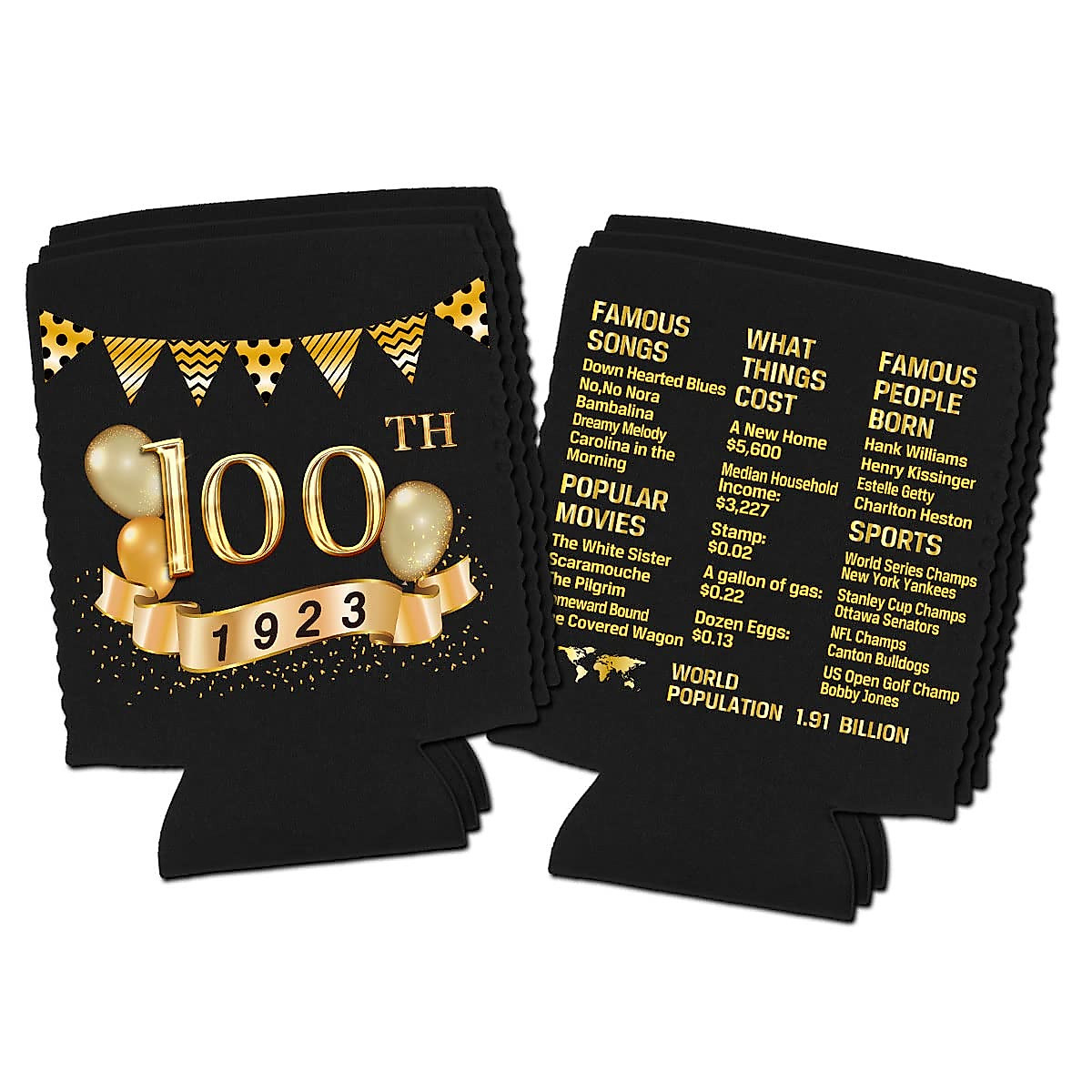 Yangmics 100th Birthday Can Cooler Sleeves Pack of 12-1923 Sign - 100th Anniversary Decorations - Dirty 100th Birthday Party Supplies - Black and Gold Seventieth Birthday Cup Coolers