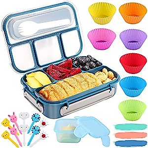 Bento Lunch Box for Kids,Bento Box Adult Lunch Box Containers,1300ML-4 Compartment Lunch Containers for Kids/Adults,with 7 Cake Cups 10 Food Picks,BPA-Free,Microwave Dishwasher Freezer Safe (Blue)