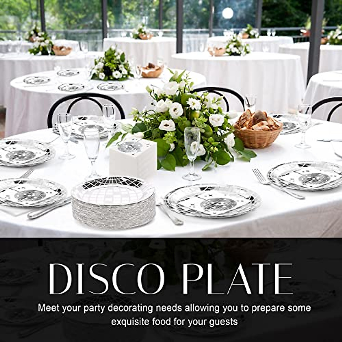 Tanlade 200 Pieces Disco Party Supplies Tableware Set Disco Ball Dinner Plates Napkins Forks for 70s 80s 90s Disco Birthday Rock Roll Dance Music Party 50 Guests (Silver)