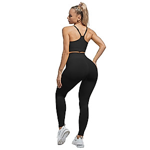 CHRLEISURE 3 Piece Workout Leggings Sets for Women, Gym Scrunch Butt Butt Lifting Seamless Leggings (Black, XL)