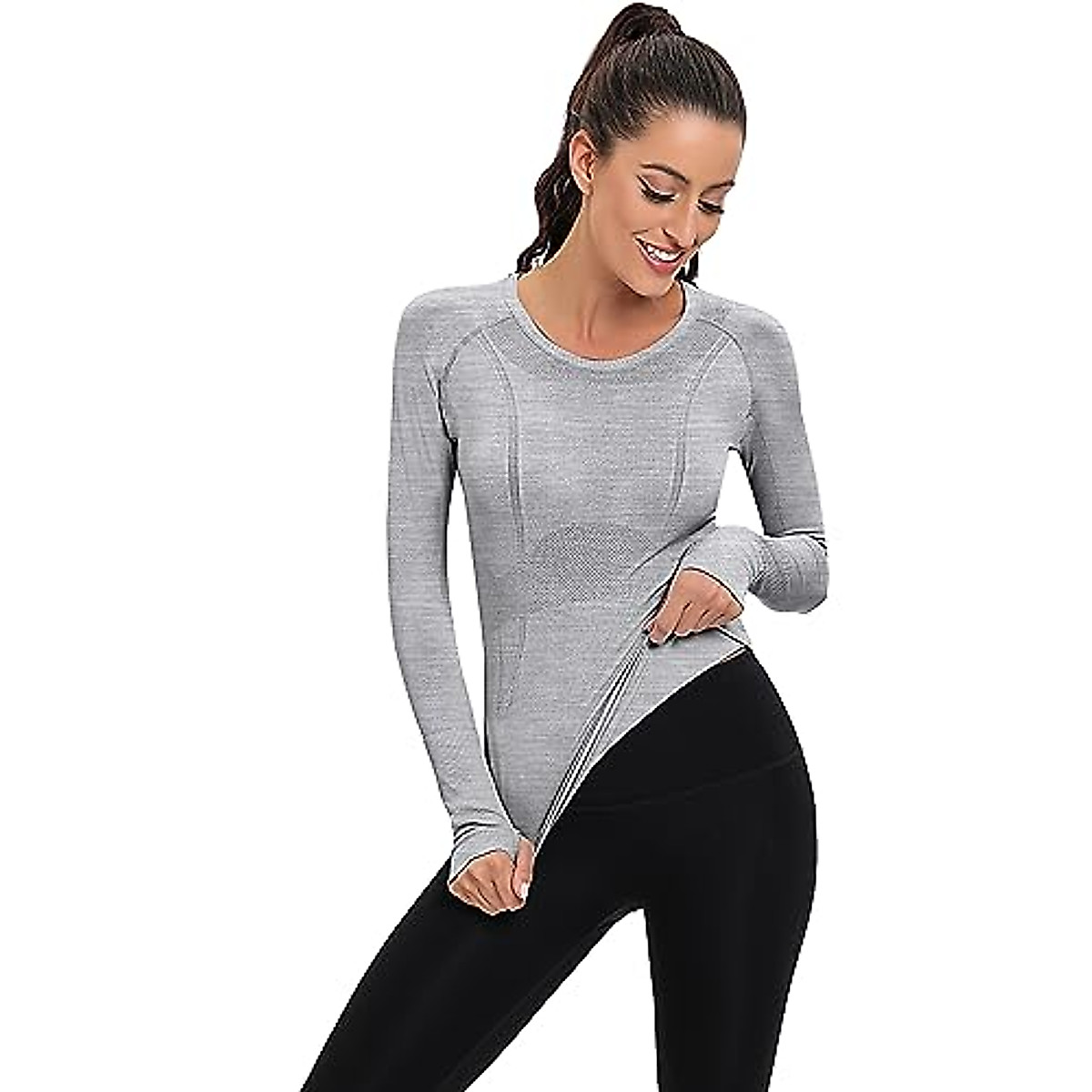 2 Pieces Women Long Sleeve Workout Shirt Seamless Workout Shirts with Thumb Holes Fitted Top Sports Yoga Athletic Shirt Top(Black, Gray, Medium)