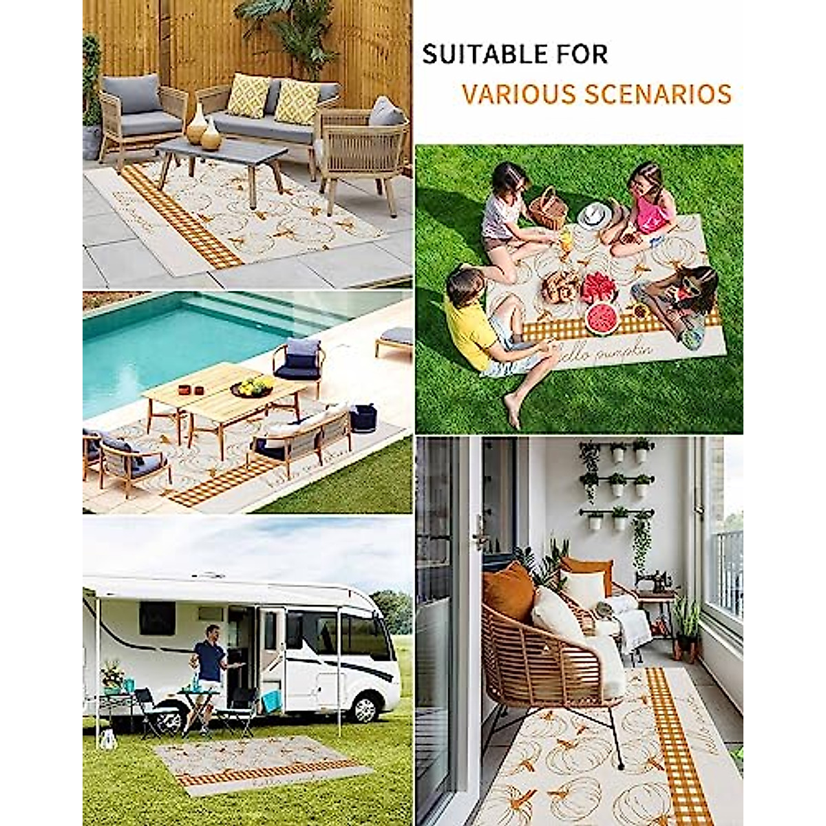 Hello Pumpkin Outdoor Rug for Patio/Deck/Porch, Non-Slip Large Area Rug 6 x 9 Ft, Thanksgiving Orange Plaid Pumpkin Fall Indoor Outdoor Rugs Washable Area Rugs, Reversible Camping Rug Carpet Runner