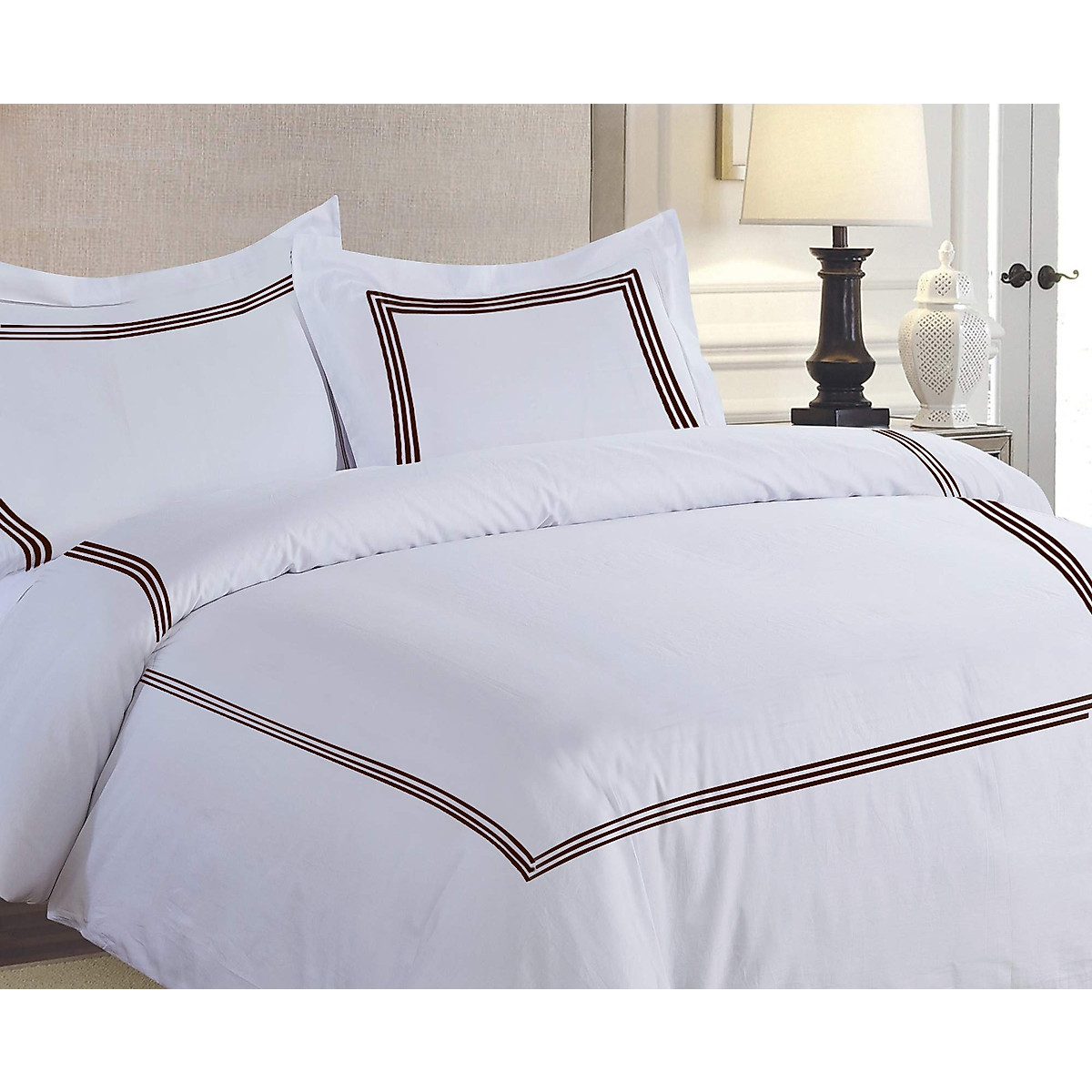 BedDecor 3 Piece 3 Line Embroidery Duvet Set with Zipper & Corner Ties 100% Egyptian Cotton 500 Thread Count Premium Hotel Quality Decorative Bedding (Chocolate,King/California King)
