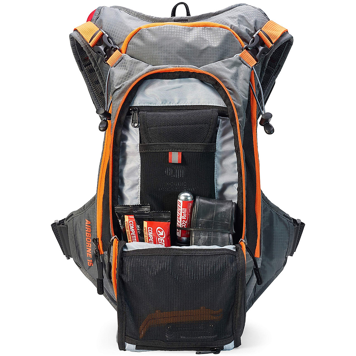 USWE Airborne - Hydration Pack with Hydration Bladder, Bounce Free Backpack for MTB, Cycling, Mountain Biking (15L, Gray/Orange)