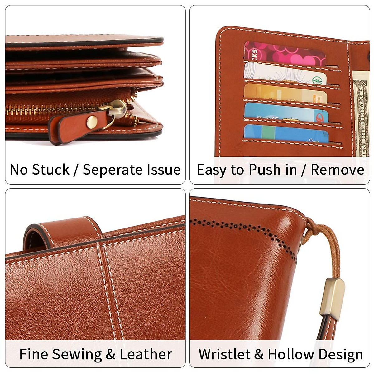 Pearl Angeli Women Wallet Genuine Leather Charming Ladies Wristlet Tri-fold Rfid Blocking Credit Card Holder Organizer Clutch（Brown）