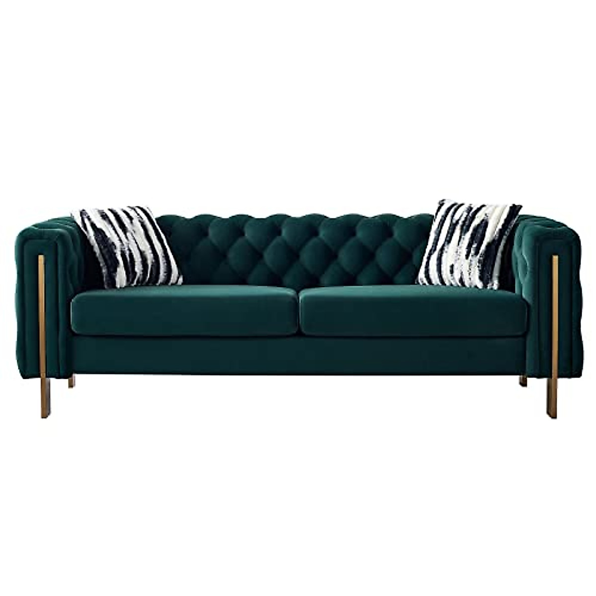 Akrenar Modern Sofa Couches for Living Room, 84 Inches Velvet Button Tufted Couch Upholstered Sofa with 2 Pillows and Metal Legs Decor Furniture for Bedroom, Office (Green)
