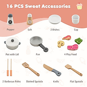 Costzon Kids Kitchen Playset, Pretend Play Kitchen with Refrigerator, BBQ Grill, Oven, Range Hood, Faucet & Sink, Dish Rack, Wooden Toy Kitchen Set for Toddlers, Gift for Boys Girls Age 3+ (One-Piece)