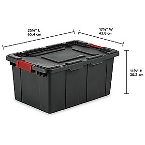 Sterilite 14649006 15 Gallon/57 Liter Industrial Tote, Black Lid & Base w/ Racer Red Latches, 6-Pack